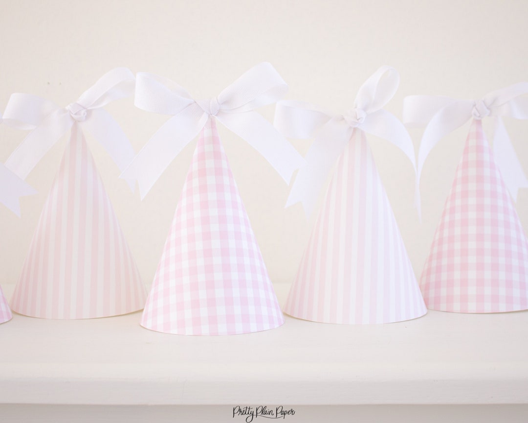 Pink Gingham Party Hat Printable & Pink Stripe Party Hat Template ...