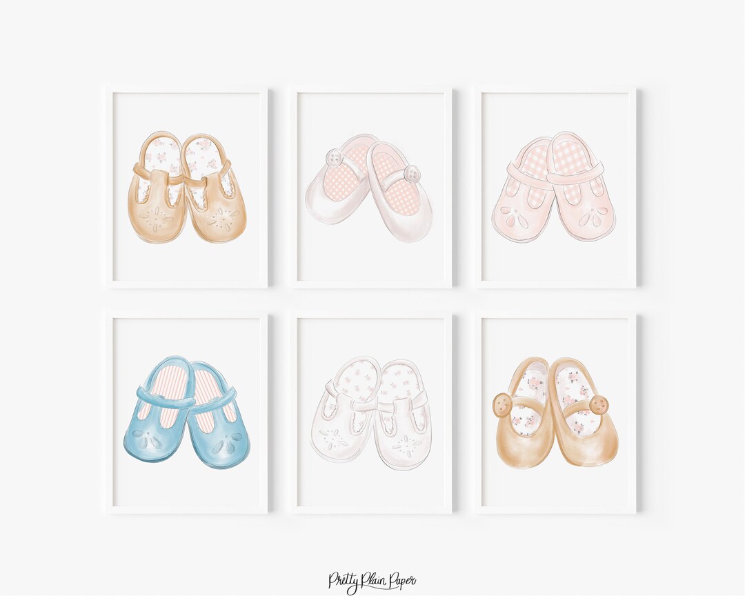 Set of 6 Watercolor Shoe Prints | Little Girl Shoe Print Set | 8x10 or ...