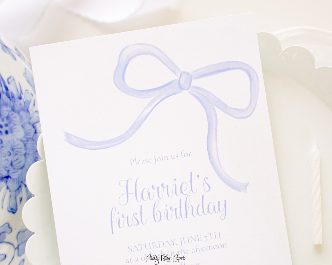 Watercolor Blue Bow Birthday Invitation Watercolor Blue Bow - Etsy