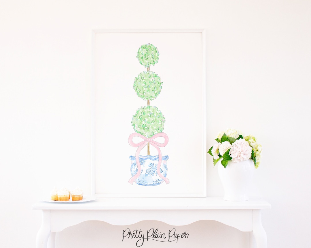 24x36 Watercolor Blue Chinoiserie Topiary Print | Topiary With Light ...