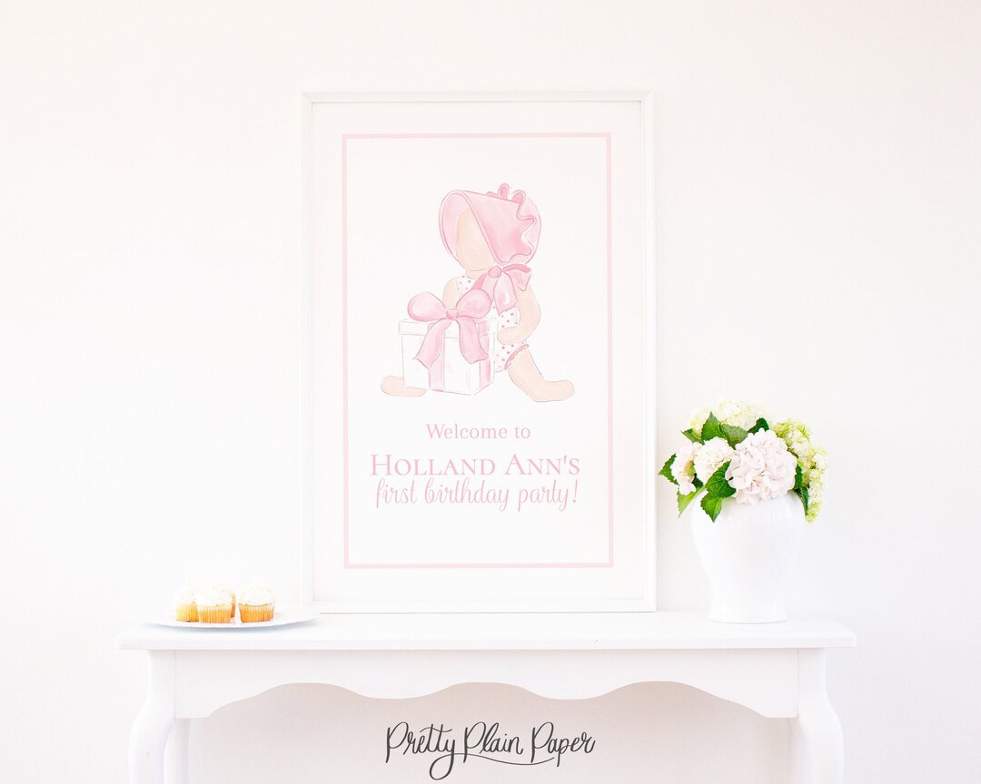 Watercolor Little Girl in Pink Bonnet Welcome Sign | 24''x36'' | Pink ...