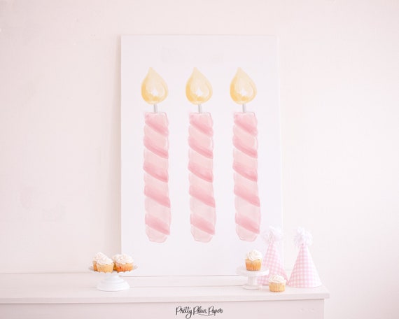 Watercolor Pink THREE Candles Sign 24''x36'' | Etsy