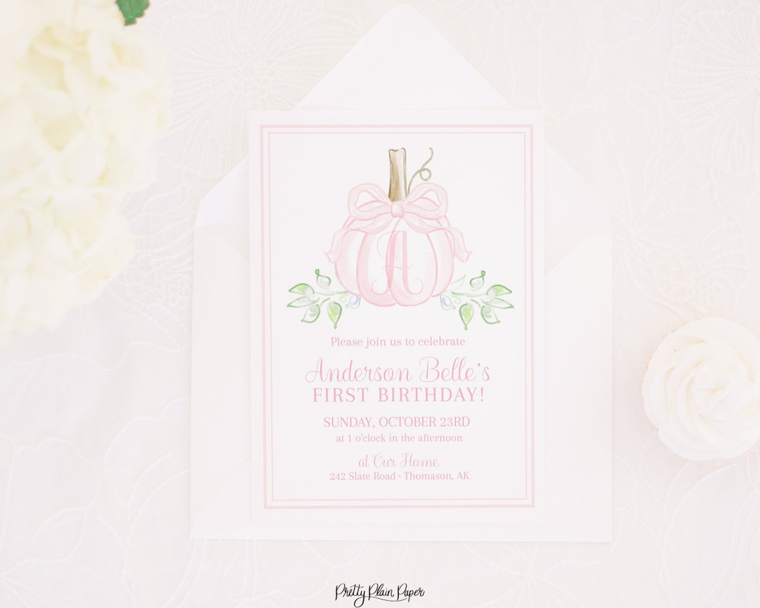 Monogram Pink Pumpkin Invitation With Bow | 5''x7'' Printable ...