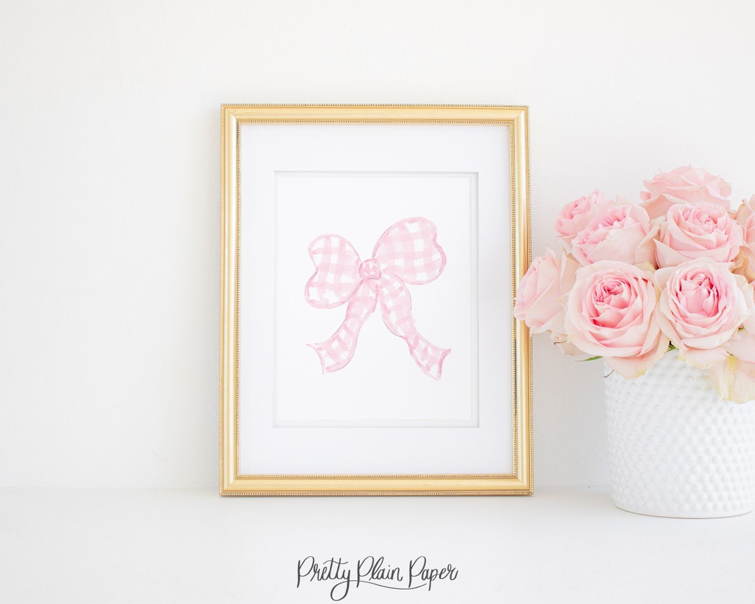 Pink Gingham Bow Print | 8x10 | Printable | Watercolor Pink Gingham ...