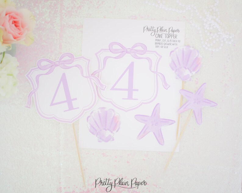 Watercolor Purple Crest Cake Topper With Seashells Printable - Etsy