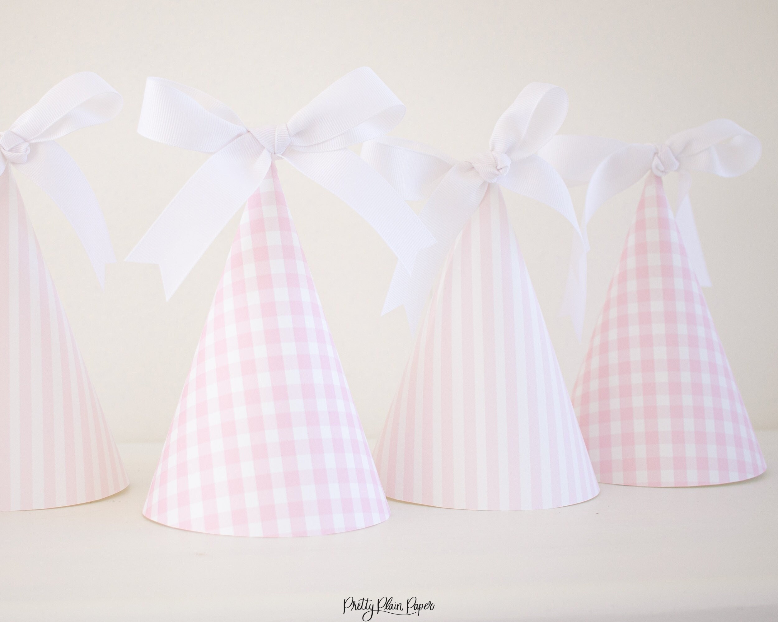 Pink Gingham Party Hat Printable & Pink Stripe Party Hat Template ...