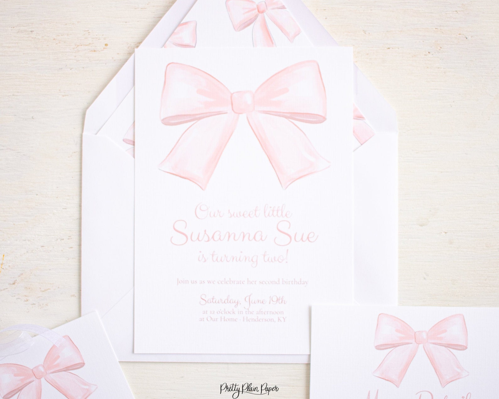 Watercolor Pink Bow Birthday Invitation 1017 Watercolor | Etsy