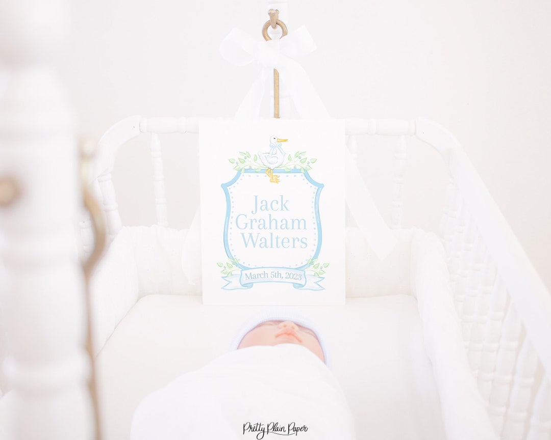 Hospital Baby Name Sign Printable | 8x10 | Watercolor Blue Stork Crest ...
