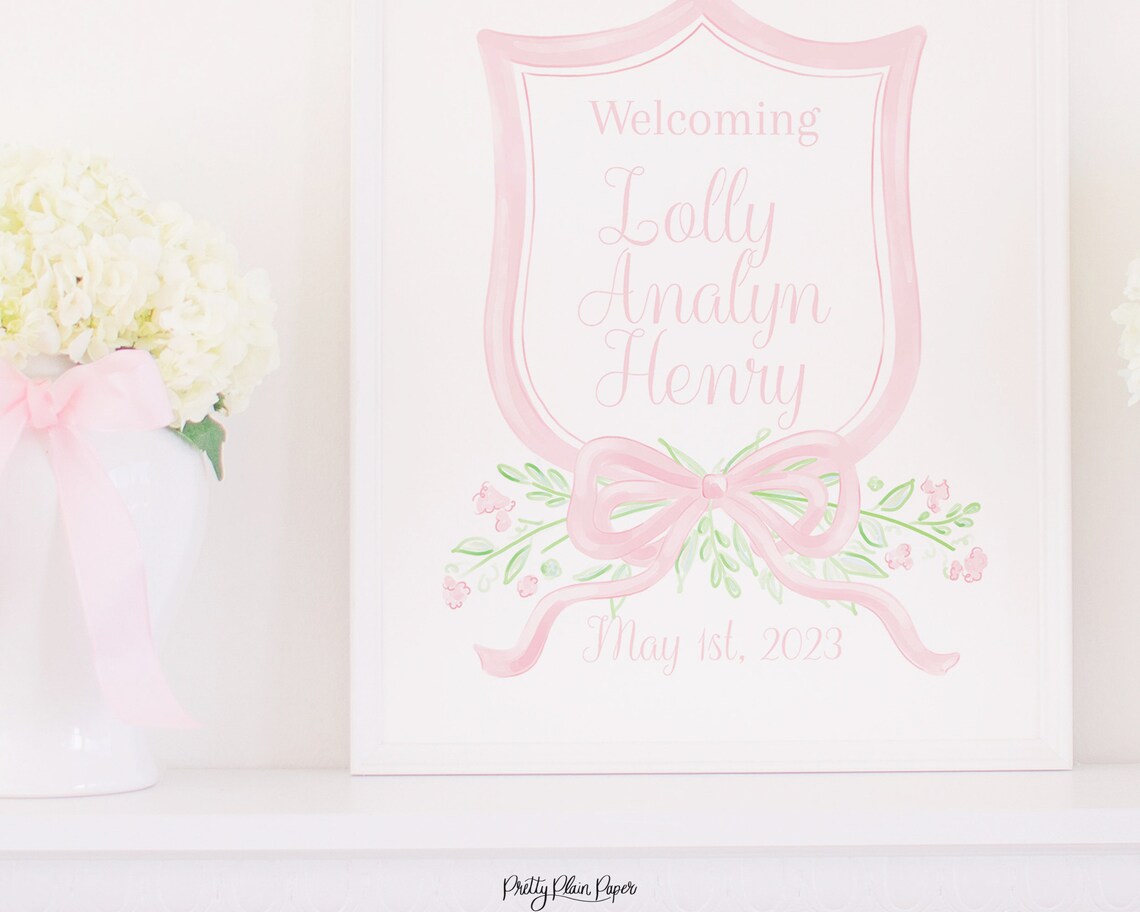 Welcome Baby Printable 16x20 Watercolor Pink Crest & Bow - Etsy