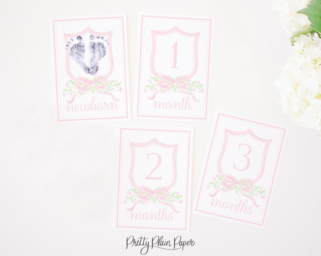 Monthly Milestone Cards | 5x7 | Watercolor Pink Crest and Bow | My ...