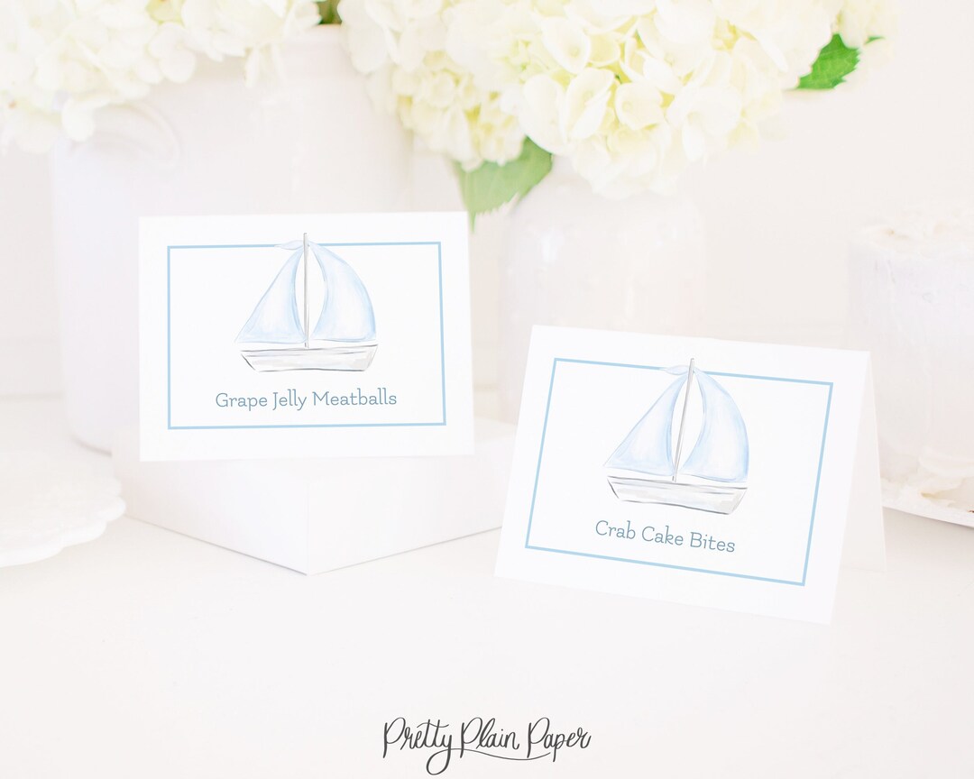Watercolor Blue Sailboat Food Labels or Place Cards | 3x4 Tent Style ...