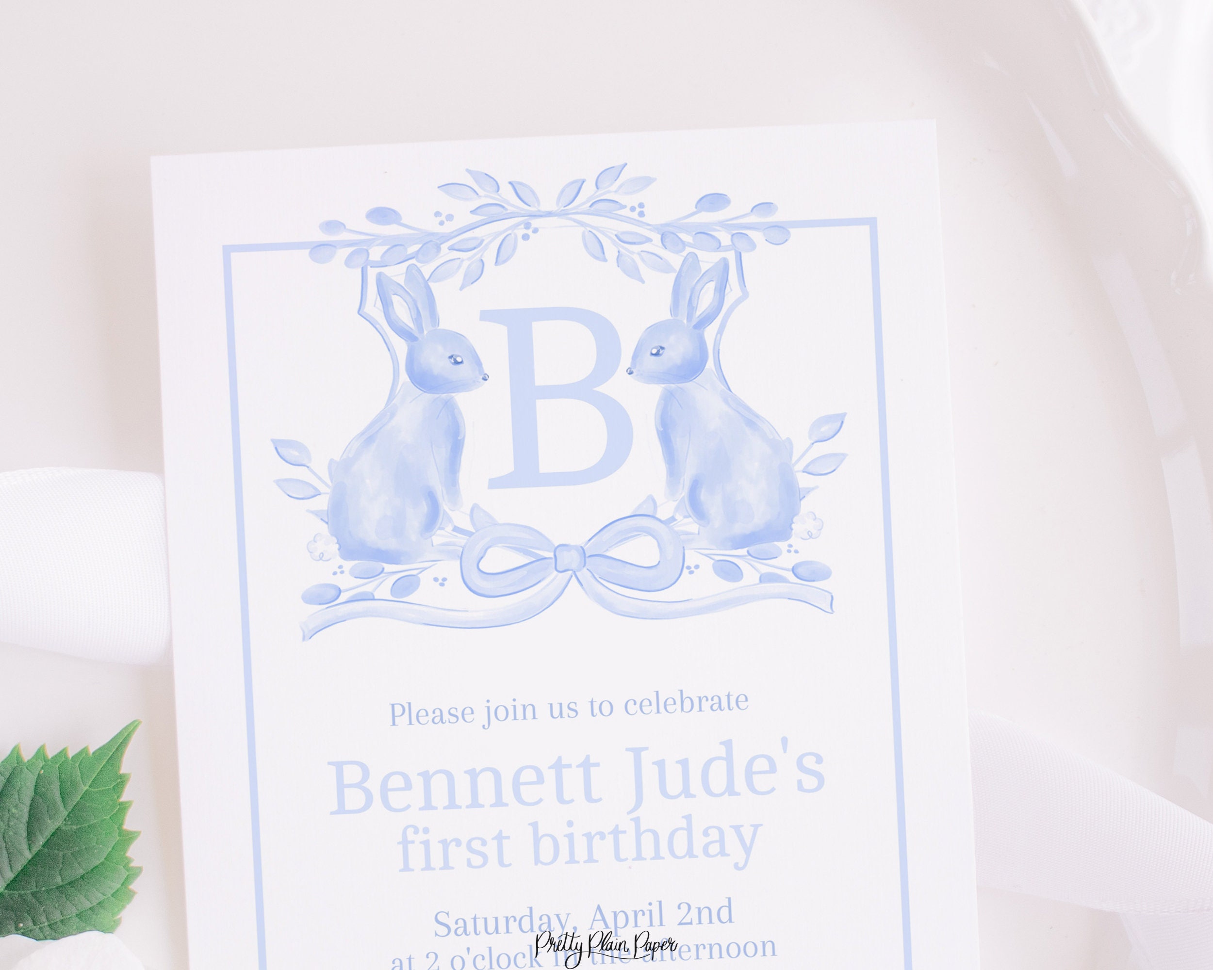 Watercolor Bunny Crest With Monogram Birthday Invitation | Monogram ...