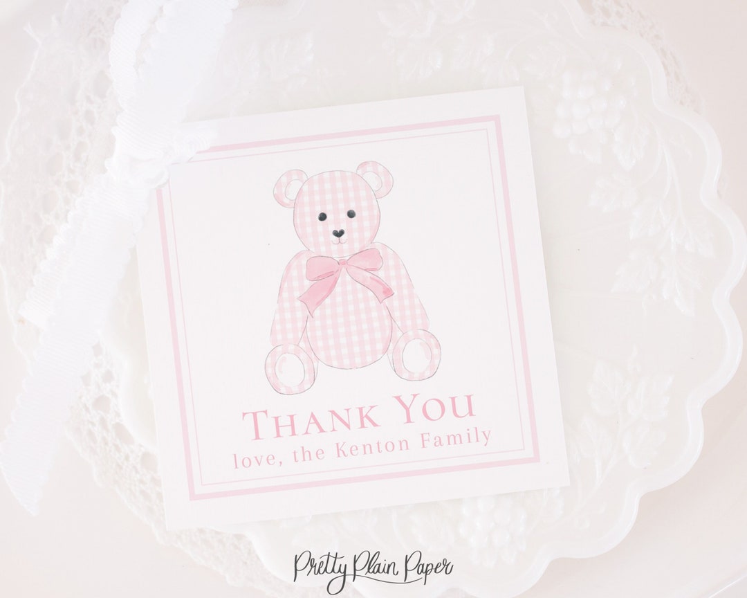 Watercolor Pink Gingham Teddy Bear Birthday Favor Tag | 3.5x3.5 ...