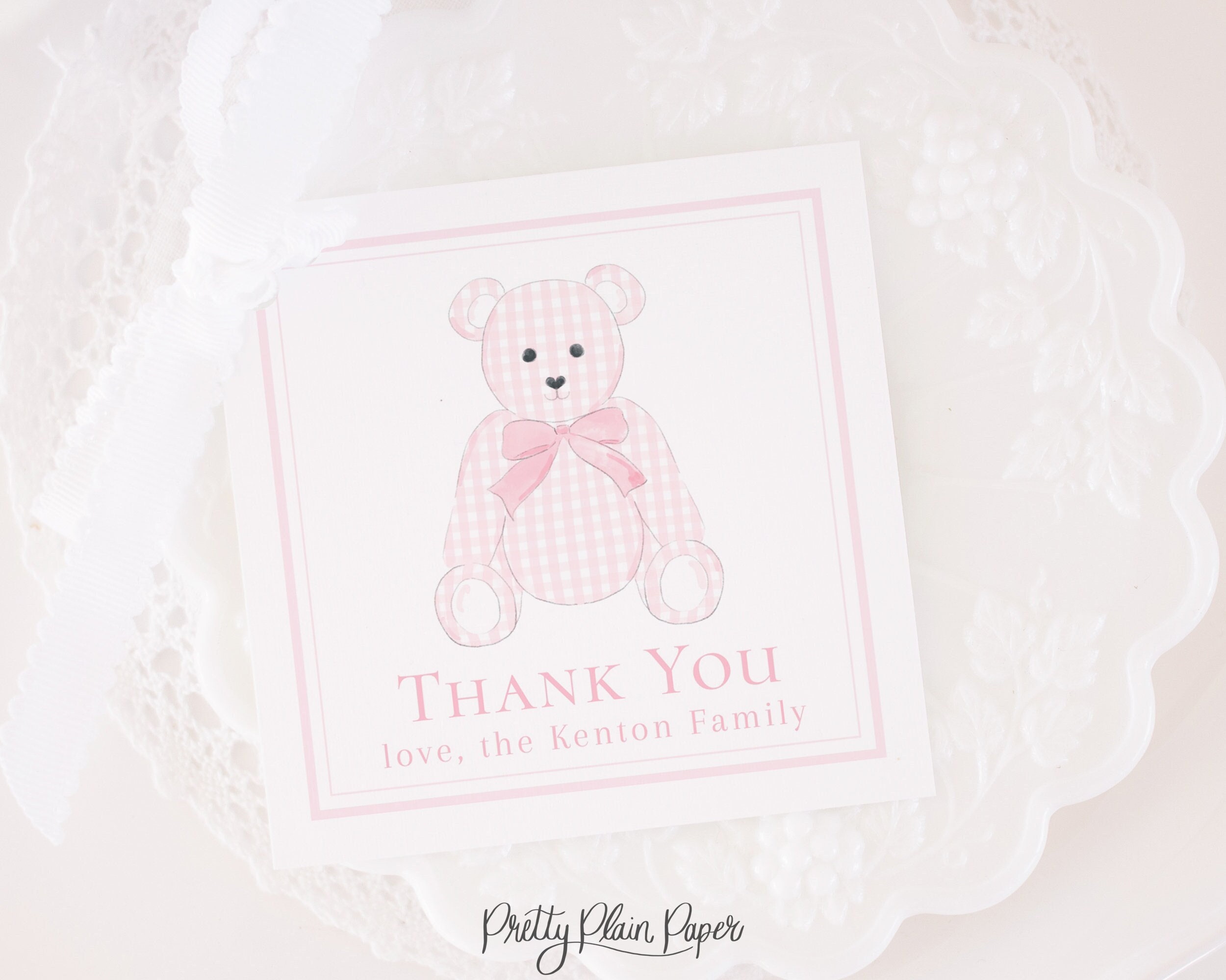 Watercolor Pink Gingham Teddy Bear Birthday Favor Tag | 3.5x3.5 ...
