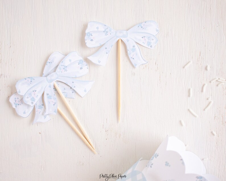 Blue Floral Bow Watercolor Printable Cupcake Toppers Download | Etsy