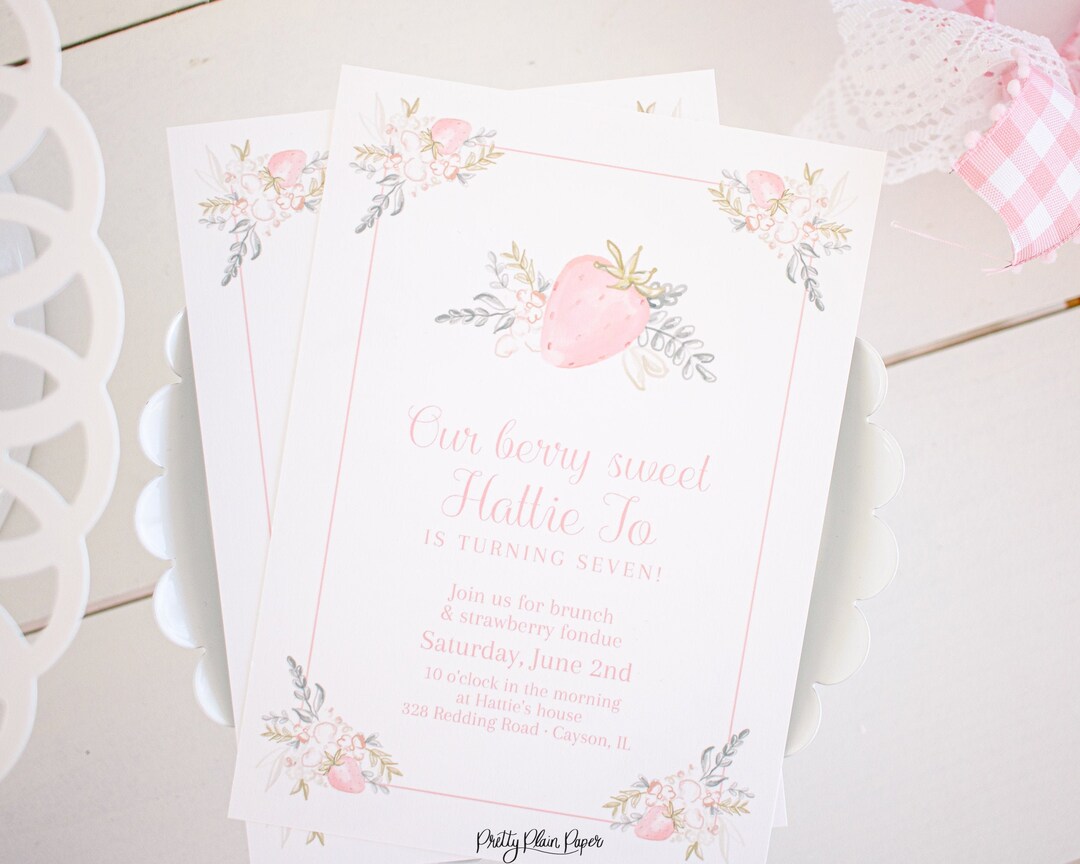 Watercolor Floral Strawberry Birthday Invitation, Strawberry Garden ...