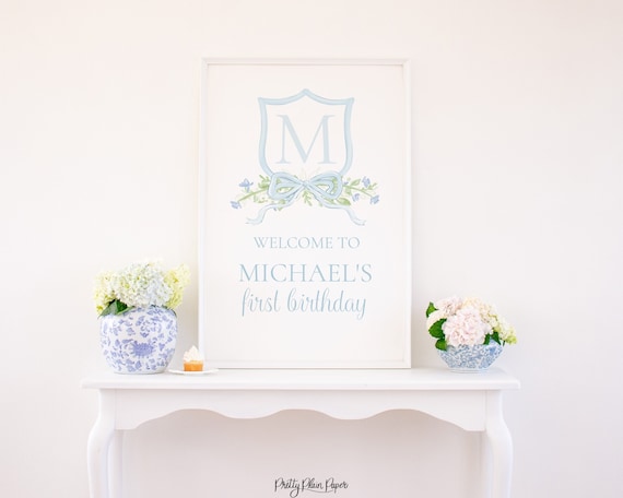 Watercolor Blue Crest Welcome Sign Monogram Crest Poster - Etsy