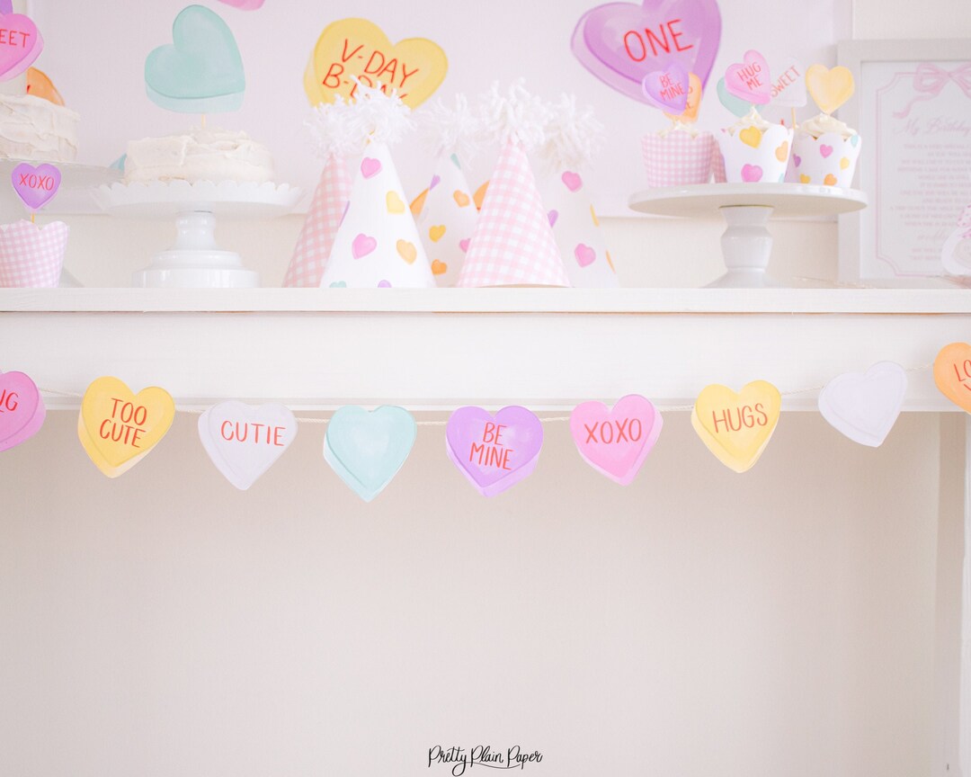 Watercolor Candy Hearts Banner | Conversation Hearts Printable Banner ...