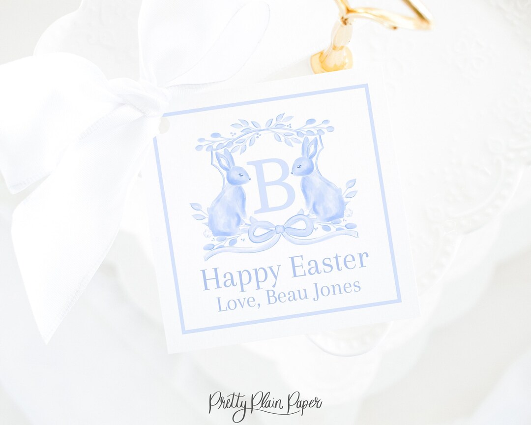 Easter Tag | Blue Bunny Crest With Monogram | 3.5x3.5 Printable Digital ...