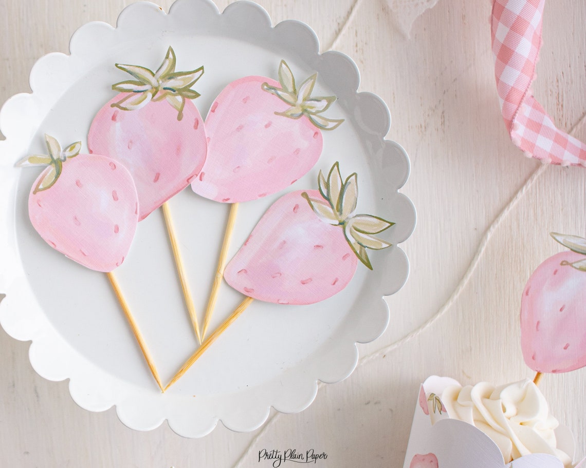 Pink Strawberry Cupcake Toppers Watercolor Printable Download - Etsy