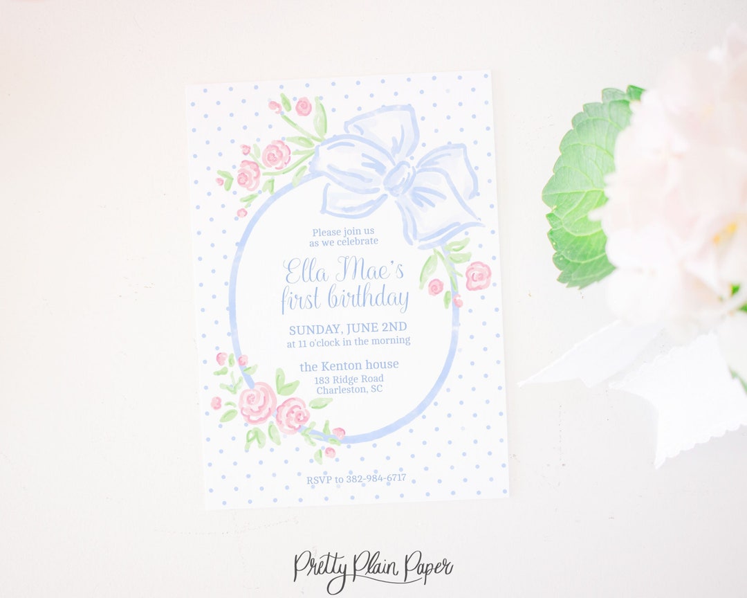 Watercolor Blue Bow Invitation With Pink Roses & Florals | 5x7 ...