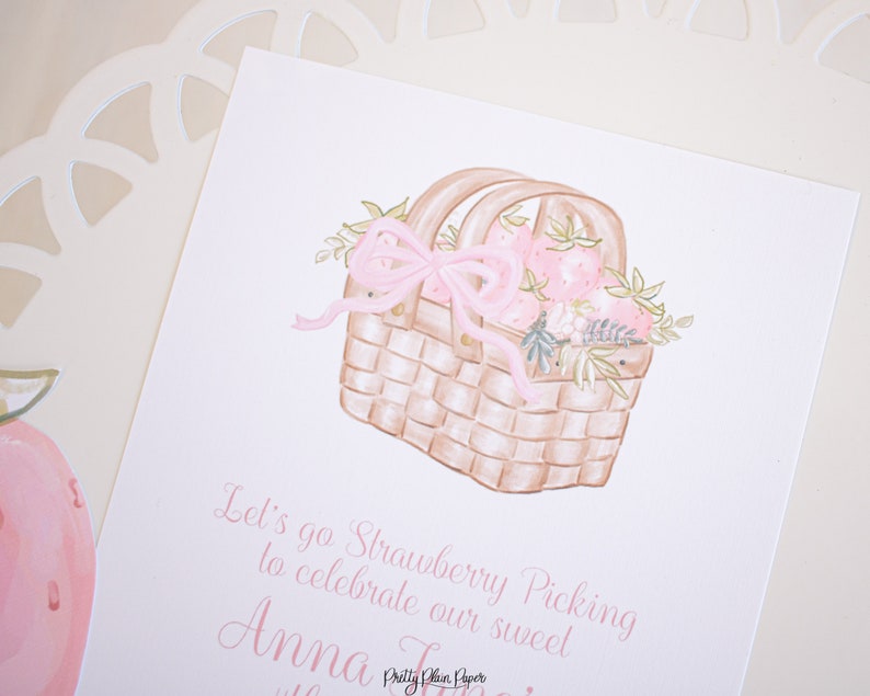 Watercolor Strawberry Picking Birthday Invitation, Strawberry Farm ...