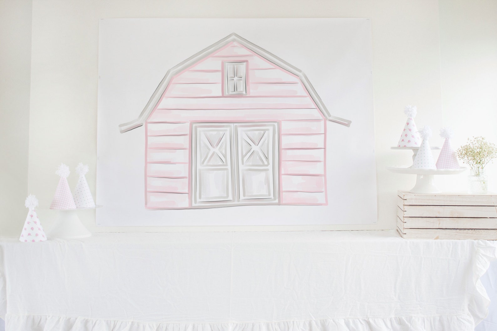Pink Barn Watercolor Printable Backdrop Poster Download 1012 | Etsy