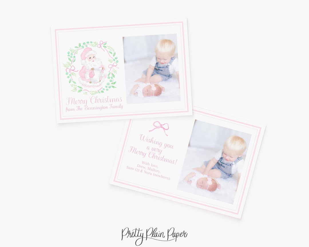Horizontal Holiday Card | 5x7 Printable | Watercolor Pink Santa ...