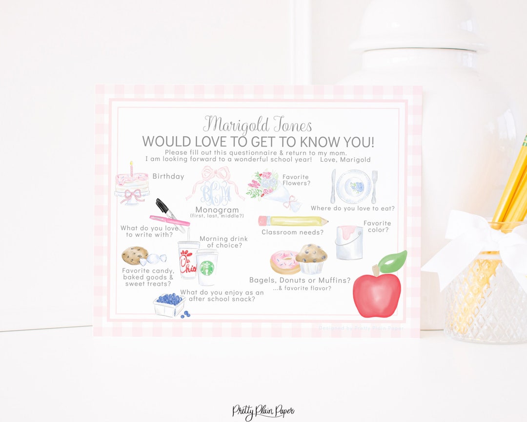 Pink Gingham Get to Know the Teacher Questionnaire | Printable ...