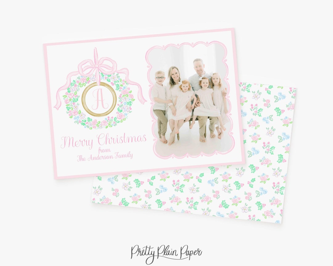 Horizontal Holiday Card | 5x7 Printable | Watercolor Pink Bow ...