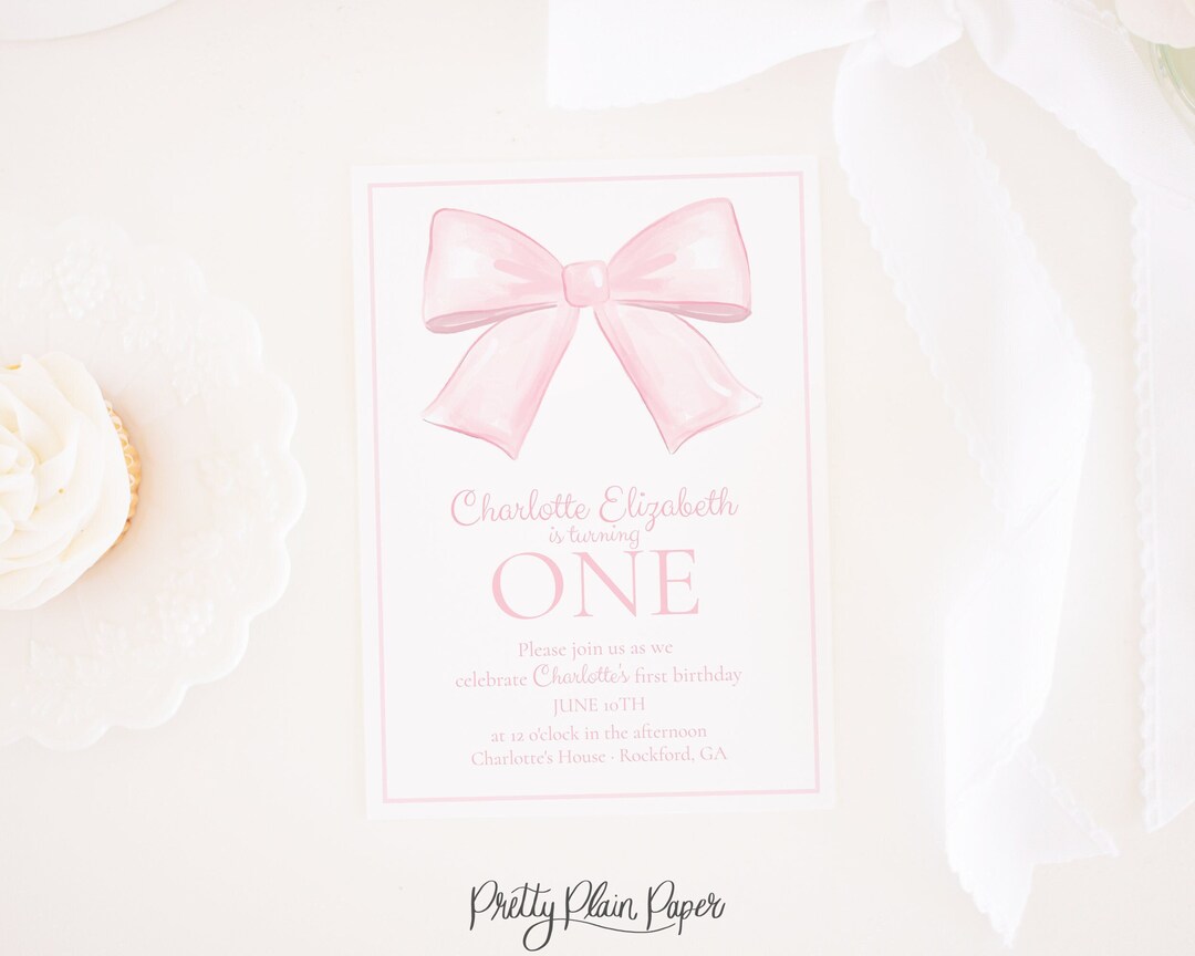 Watercolor Pink Bow First Birthday Invitation | Watercolor Pink Bow ...