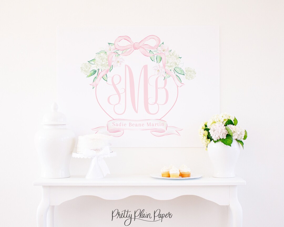 Watercolor Pink Crest Backdrop 36x48 Printable Pink Monogram Crest With ...