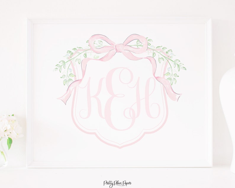 Watercolor Monogram Crest Artwork Pink Floral & Bow - Etsy