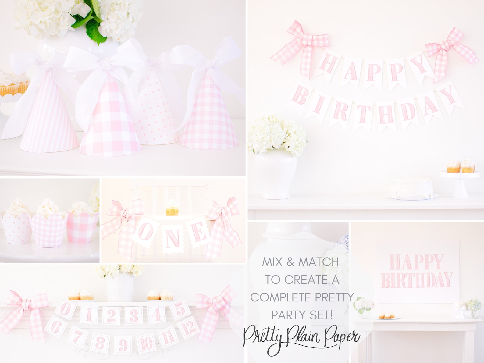 Pink Gingham Party Hats Printable Download Template 5002 - Etsy
