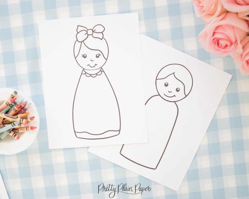 Wood Peg Dolls Coloring Pages Printable Download Dollhouse - Etsy