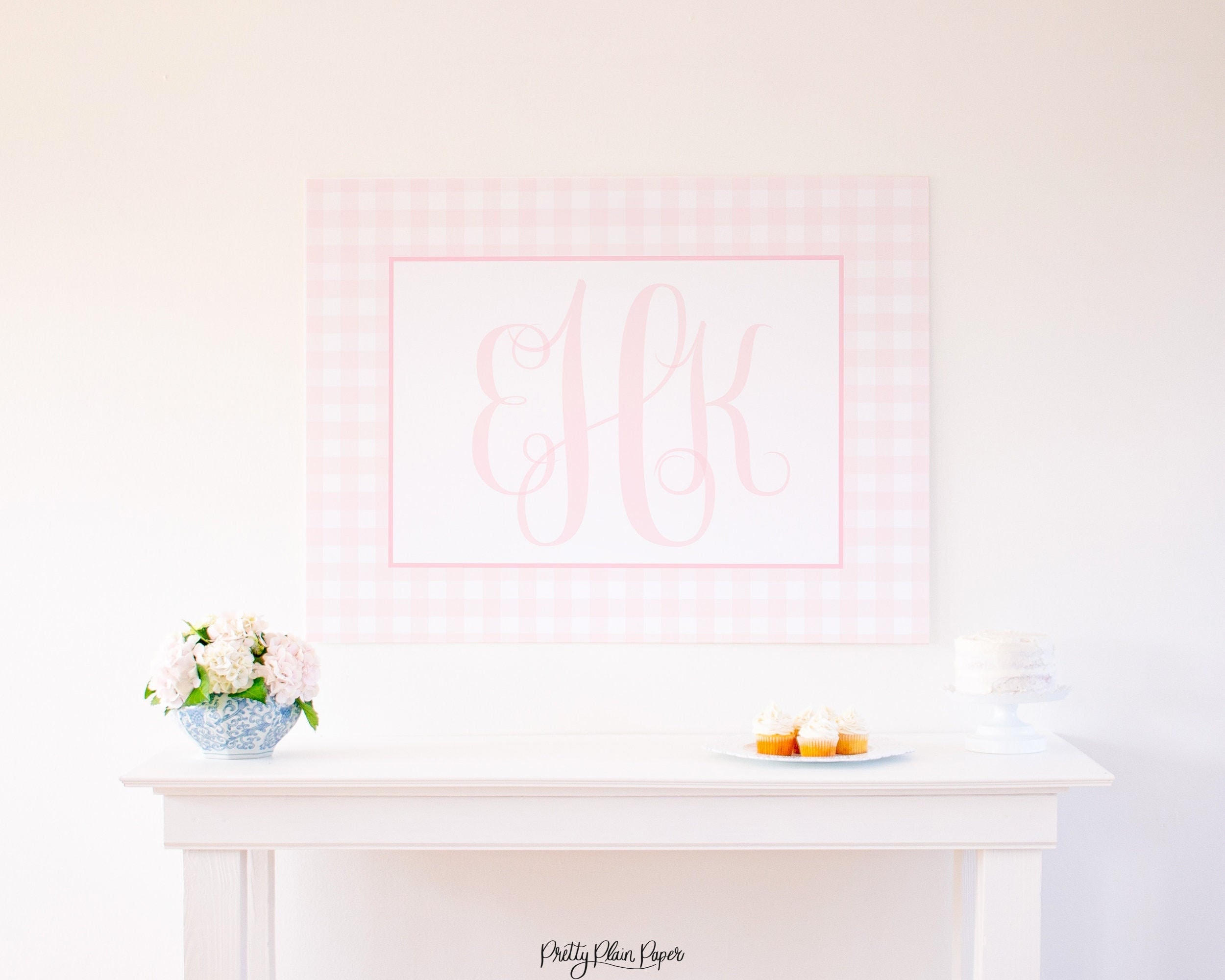 Monogram & Pink Gingham Birthday Backdrop Poster Printable - Etsy
