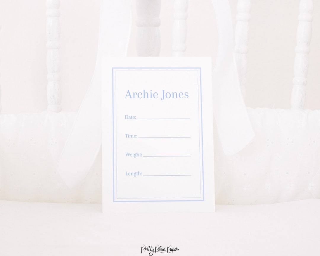 Hospital Baby Stats Card Printable | 5x7 | Watercolor Blue Newborn ...