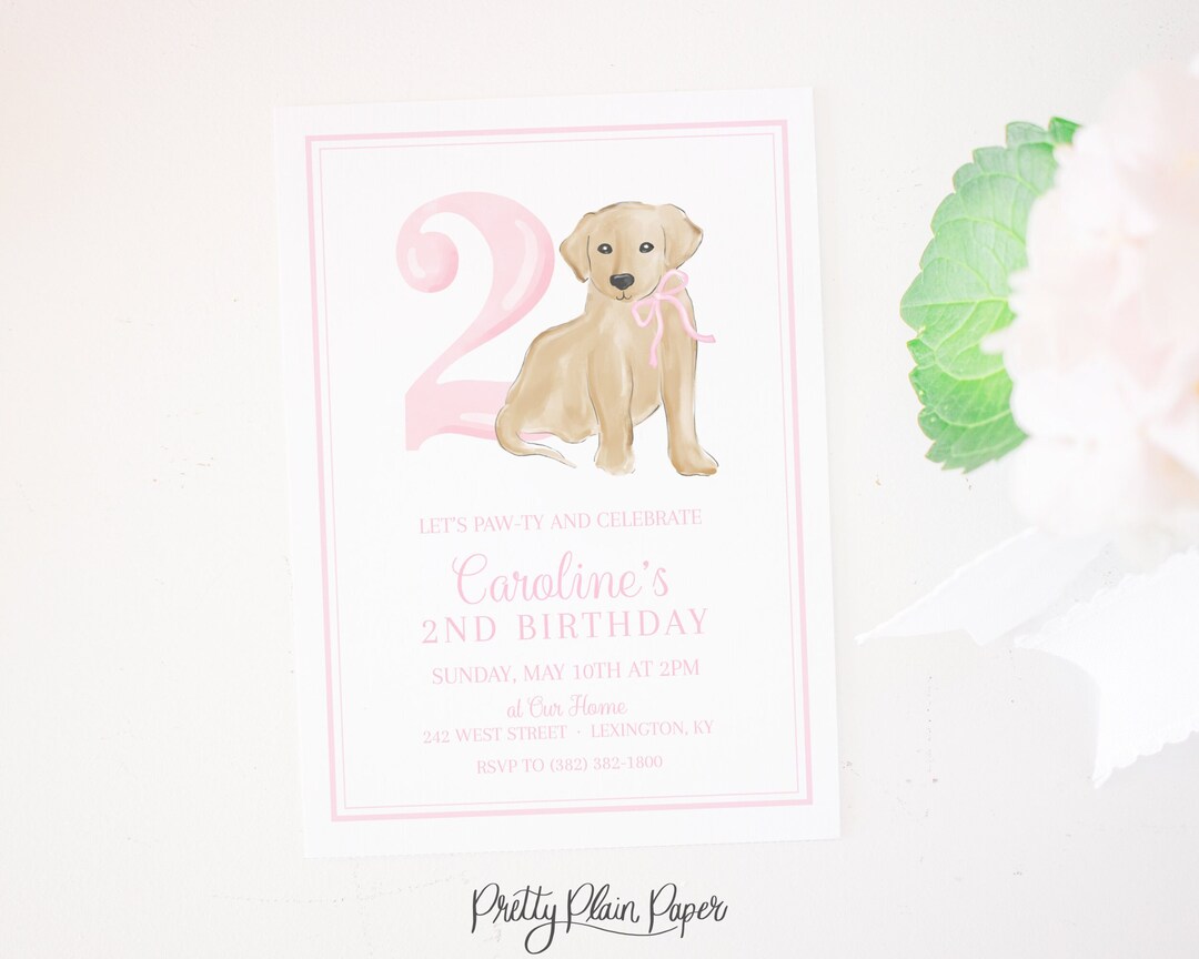 Watercolor Puppy & Pink 2 | Second Birthday Invitation | 5x7 Printable ...