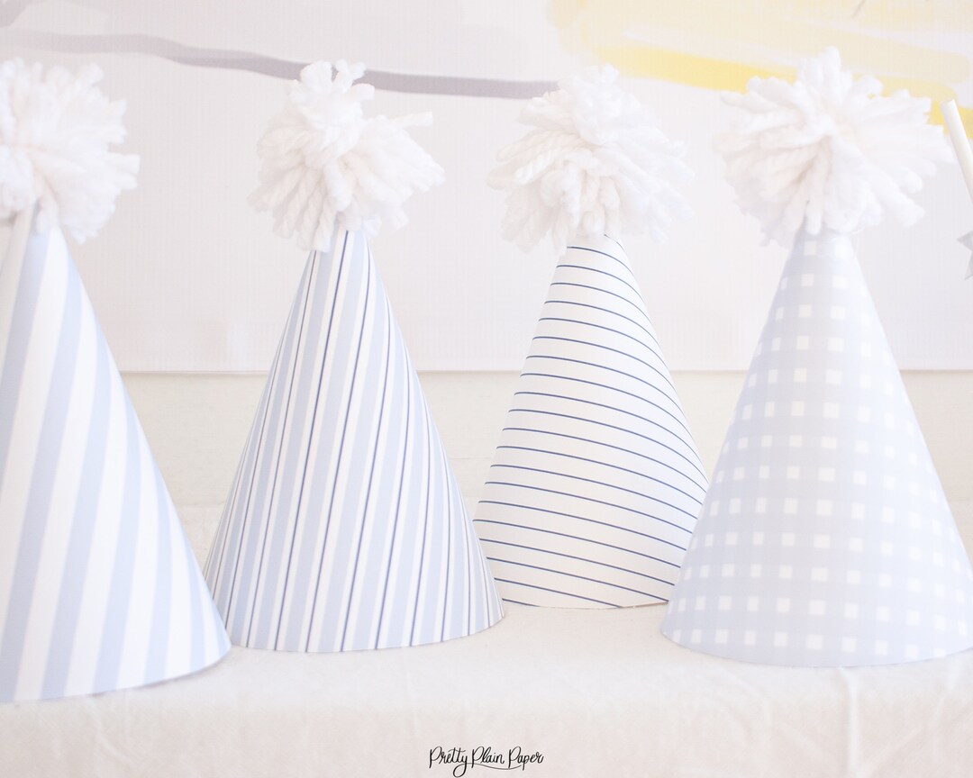 Pattern Blue Party Hats, Blue Gingham & Blue Stripe Watercolor ...