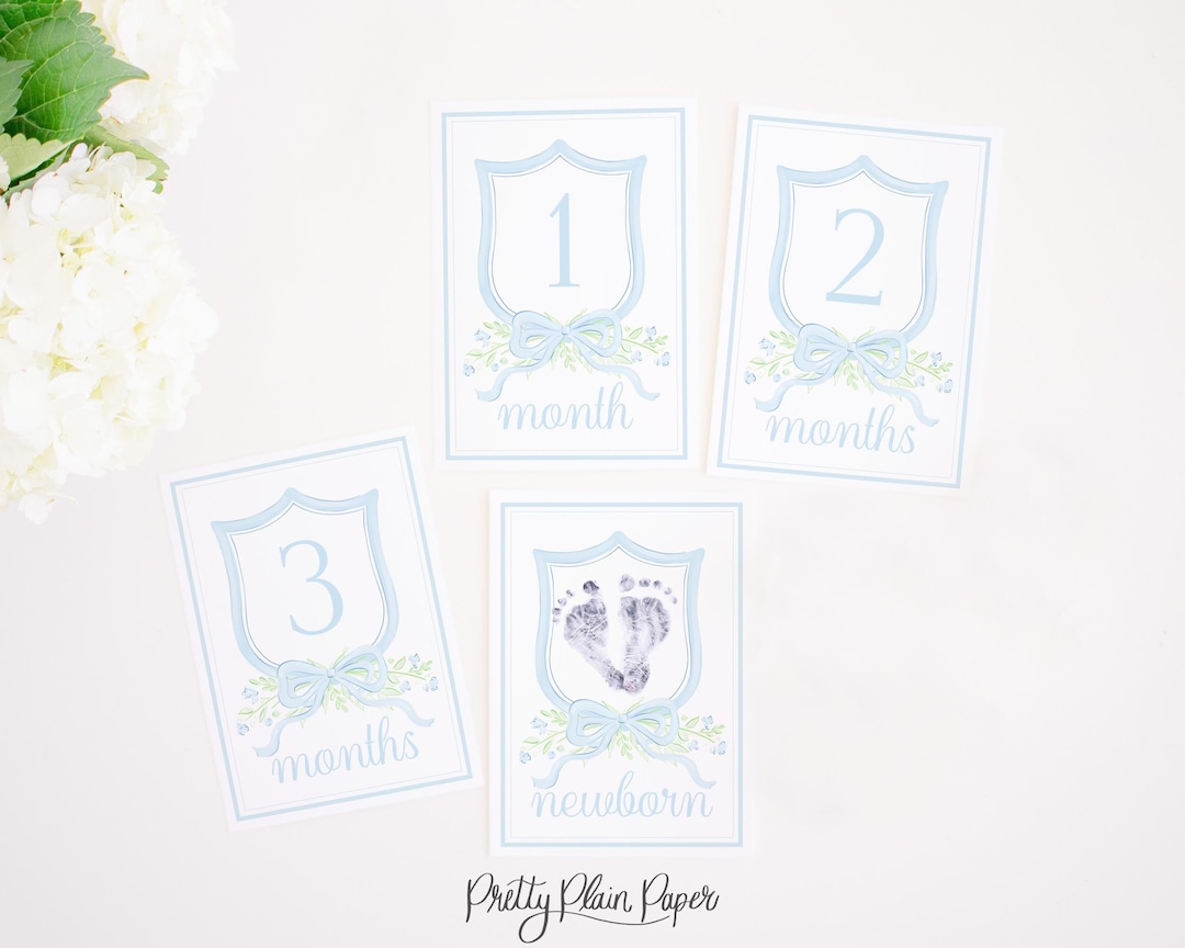 Monthly Milestone Cards | 5x7 | Watercolor Blue Crest & Bow | My First ...