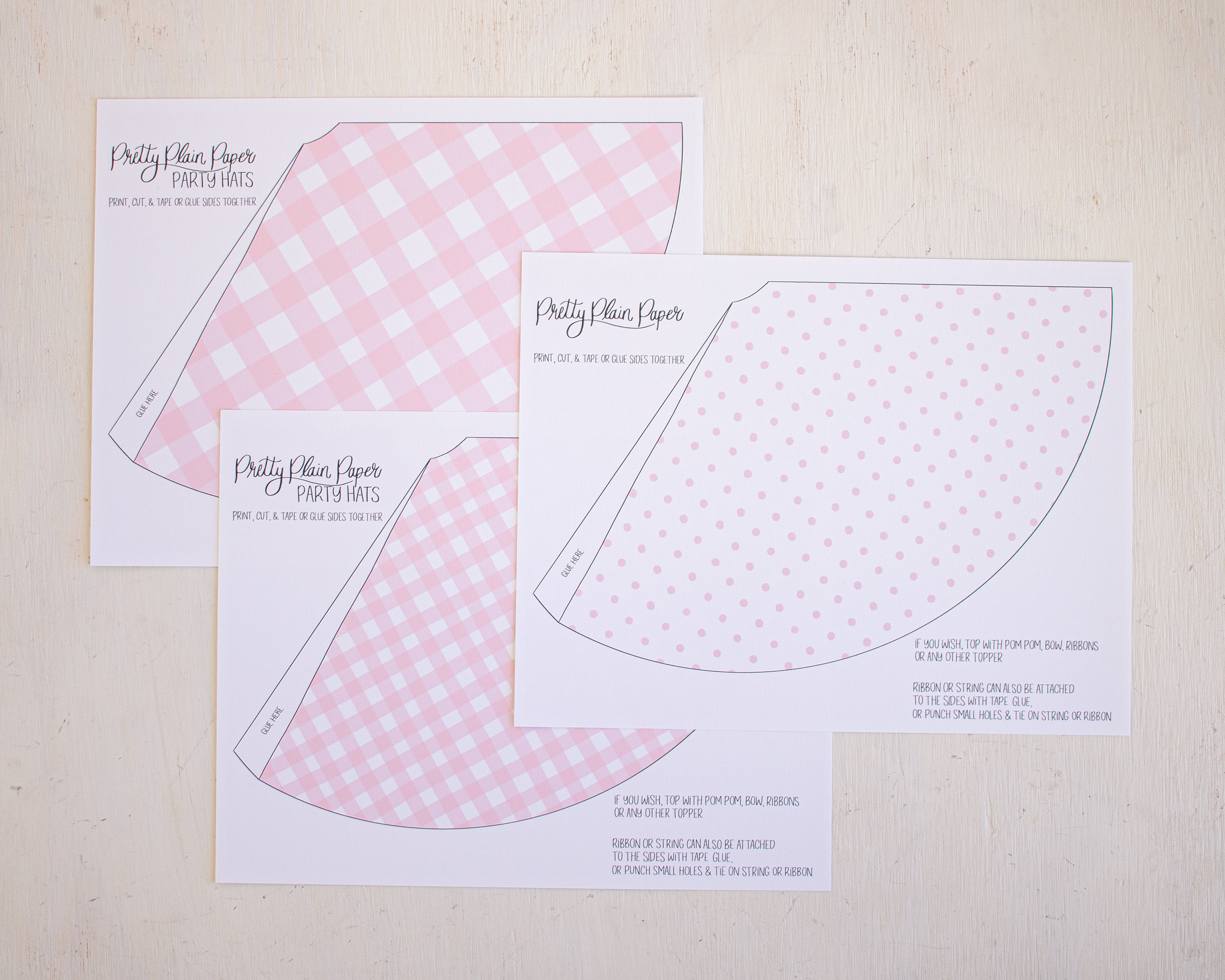 Pink Gingham Party Hat Printable & Pink Dot Party Hat Template ...