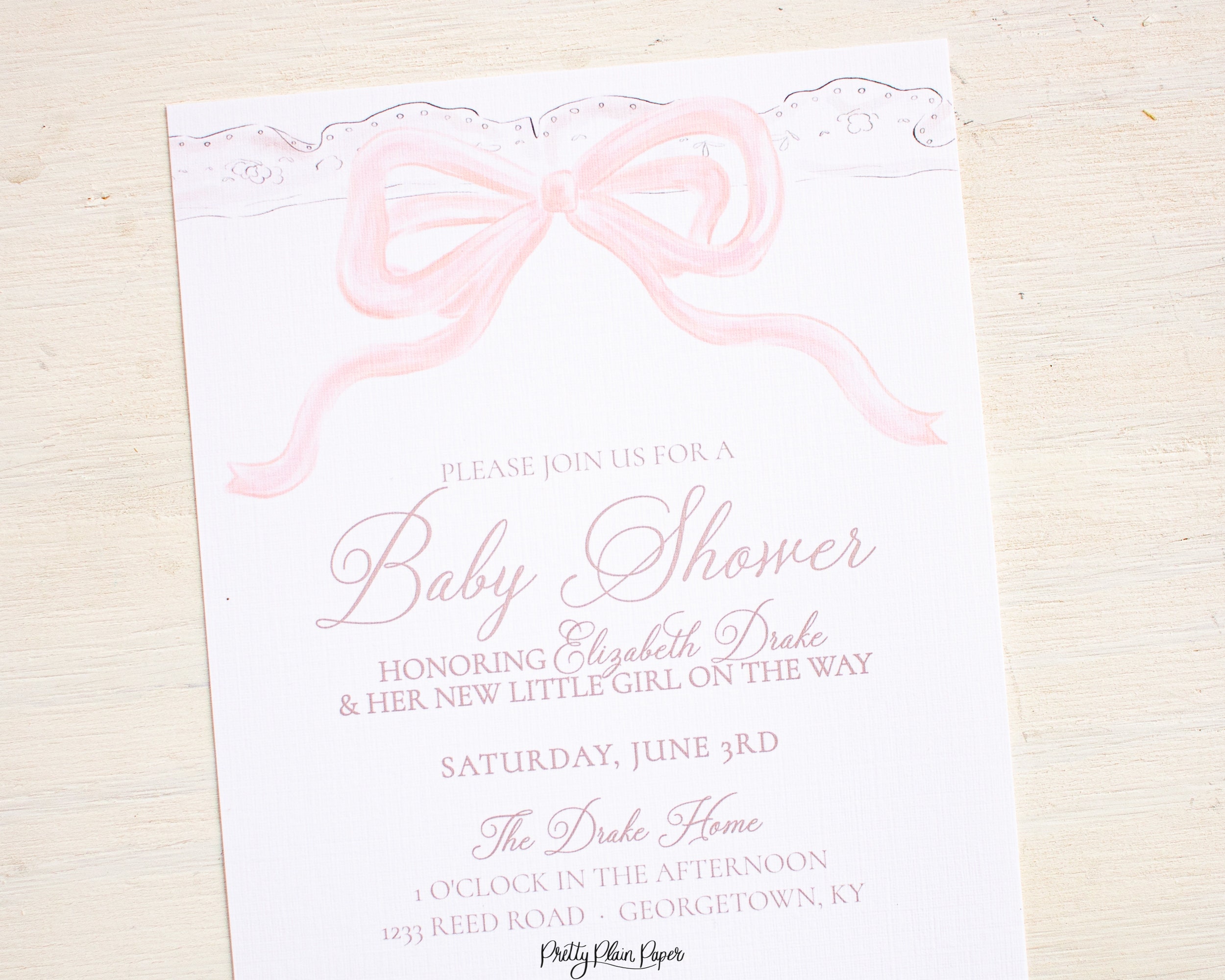 Pink Bow Baby Shower Invitation 1017 Watercolor Pink Bow | Etsy