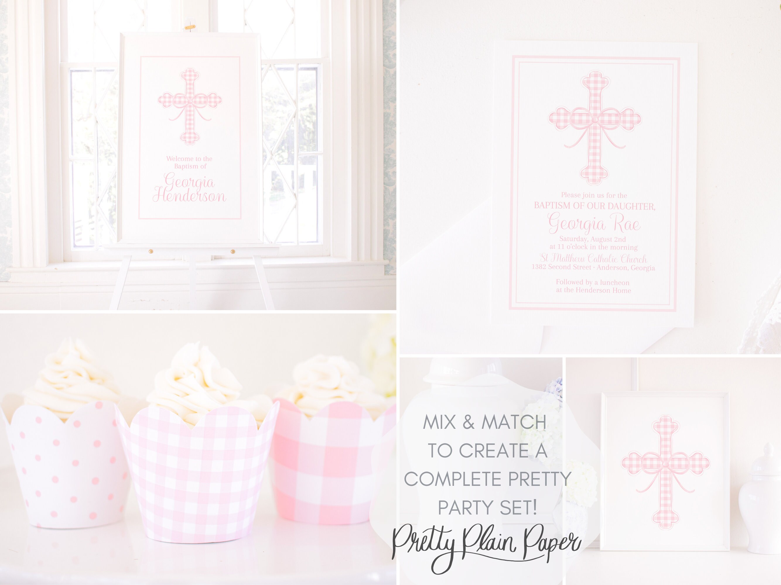 Watercolor Pink Gingham Cross With Pink Bow | 8x10 or 16x20 ...