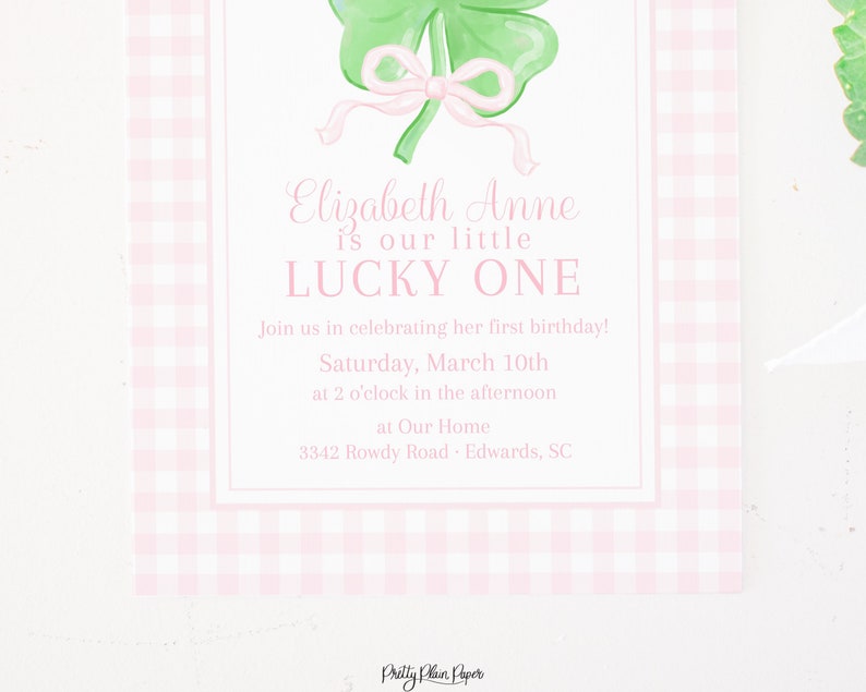 Pink Gingham & Watercolor Four Leaf Clover Birthday Invitation - Etsy