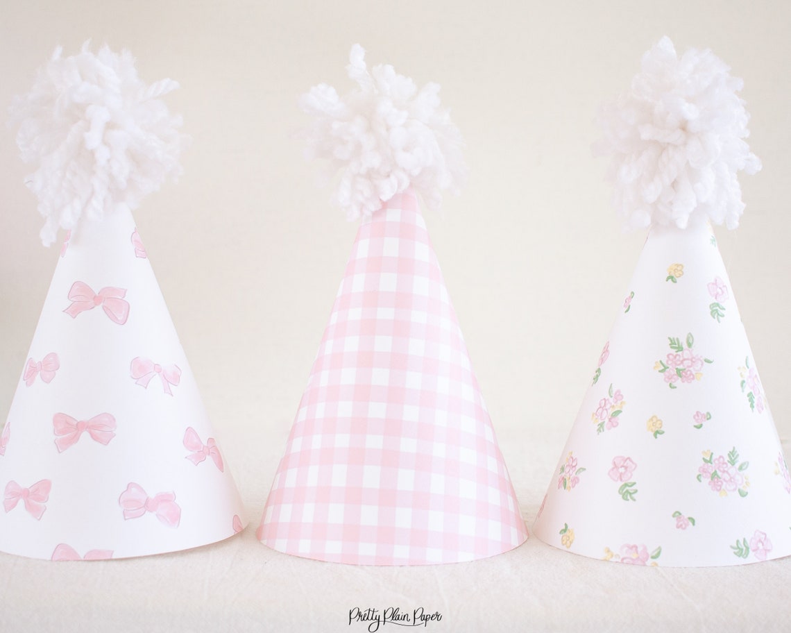Pink Gingham Bows & Floral Party Hats Watercolor Printable - Etsy