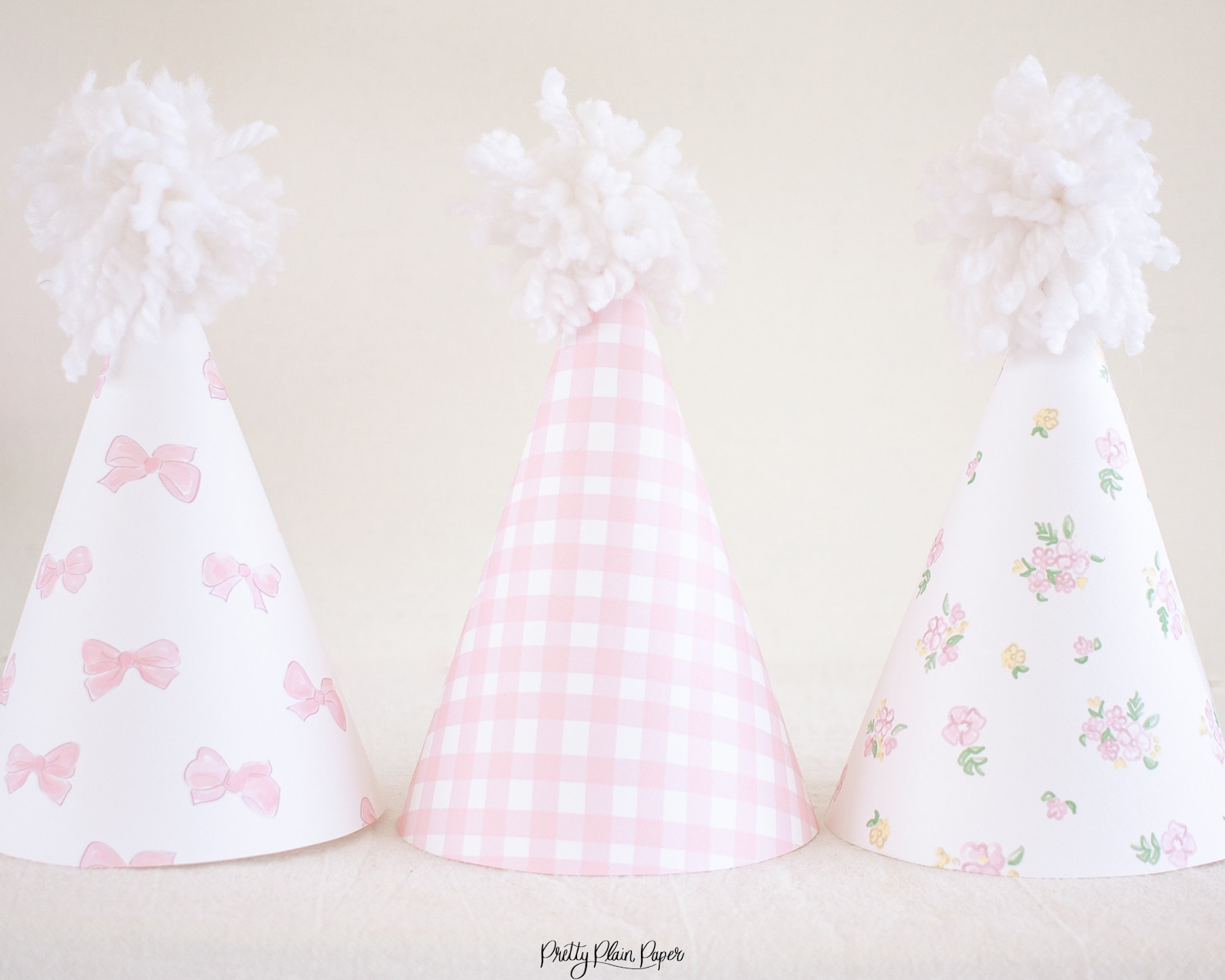 Pink Gingham, Bows, & Floral Party Hats Watercolor Printable Party Hats ...