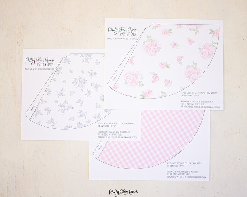 Pink Gingham Party Hat Printable | Pink Floral Party Hat Printable ...