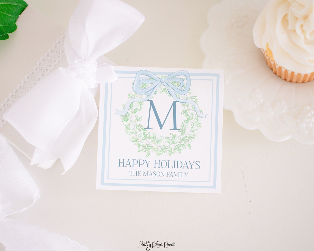 Blue Bow Monogram Wreath Watercolor Christmas Gift Tag or Holiday Treat ...