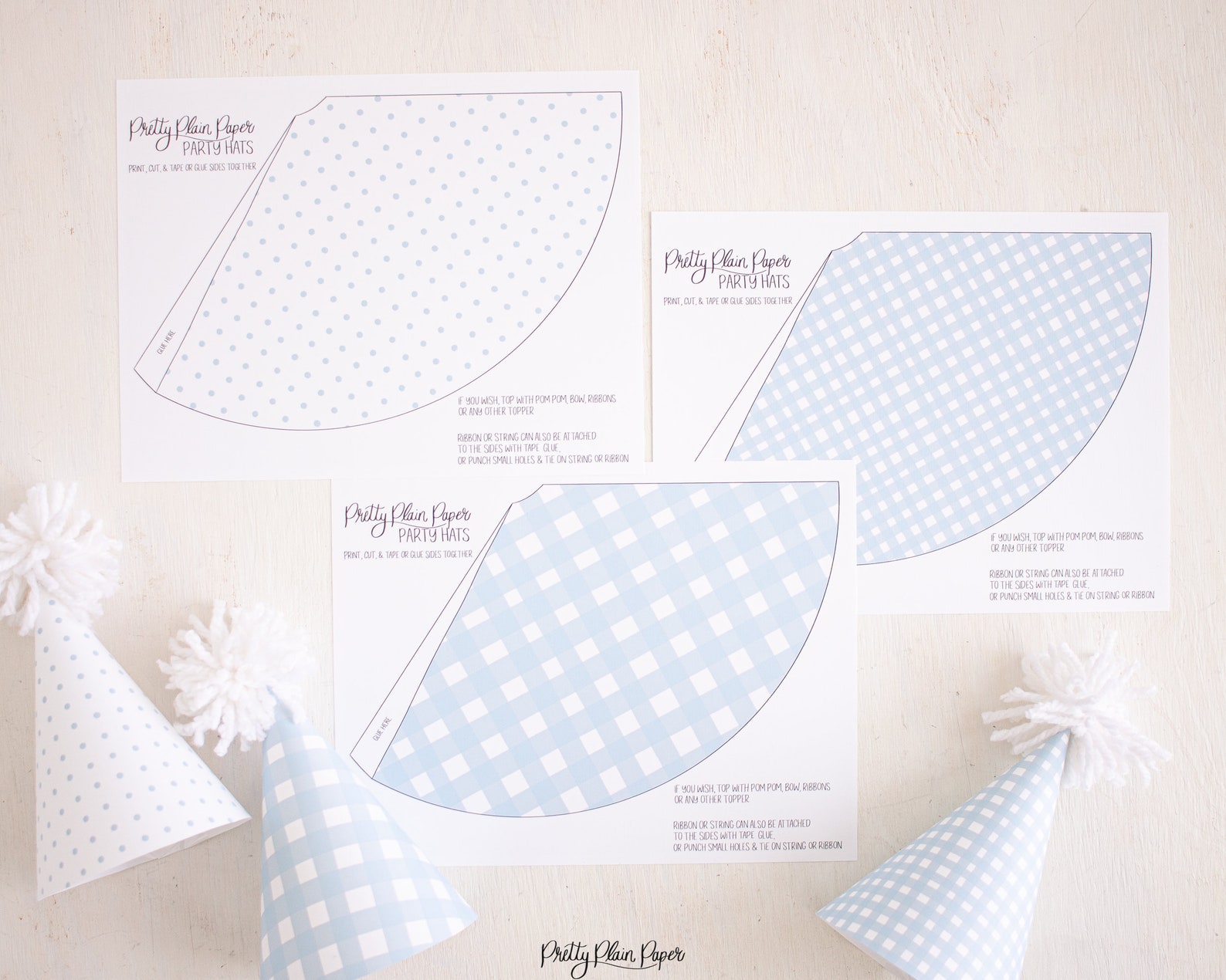 Blue Gingham Party Hats & Blue Polka Dots Printable Template - Etsy