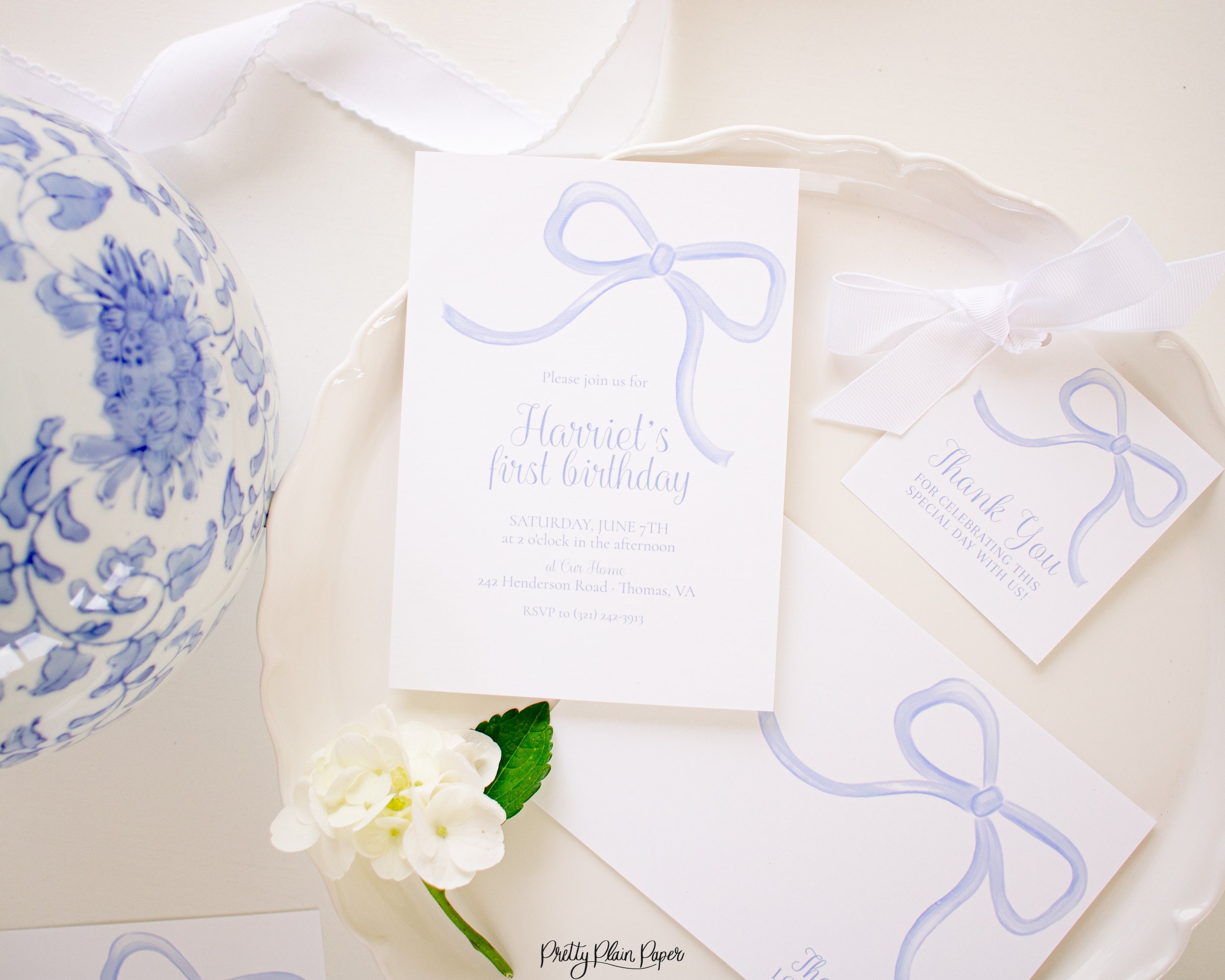 Watercolor Blue Bow Birthday Invitation Watercolor Blue Bow - Etsy